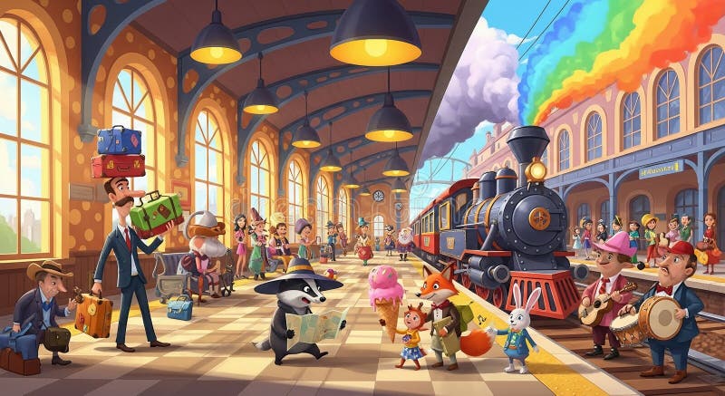 Whimsical Train Station Scene with Anthropomorphic Animals and ...