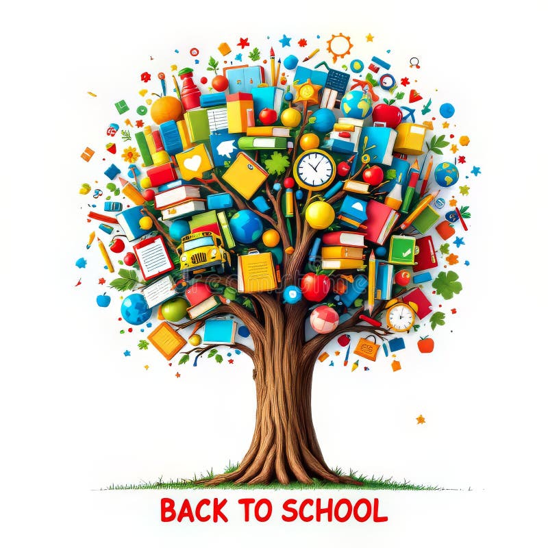 A Whimsical Tree Adorned with School Supplies and Educational Items ...