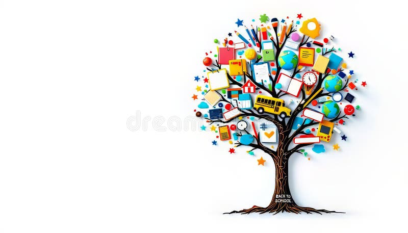 Whimsical Tree Adorned with School Supplies Represents Education and ...