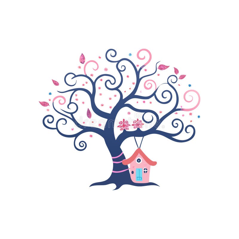 Whimsical Tree with Birdhouses: Black and White Vector Illustration ...
