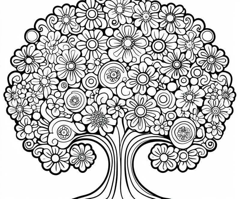 A Whimsical Tree with Branches Full of Blossoms, Coloring Page for Kids ...