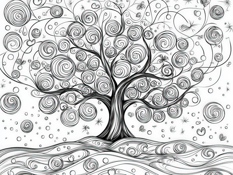A Whimsical Tree with Colorful Fruits , Coloring Page for Kids Stock ...