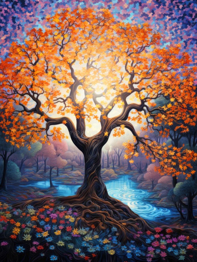 Beautiful Whimsical Autumn Tree at Sunset Painting Stock Illustration ...