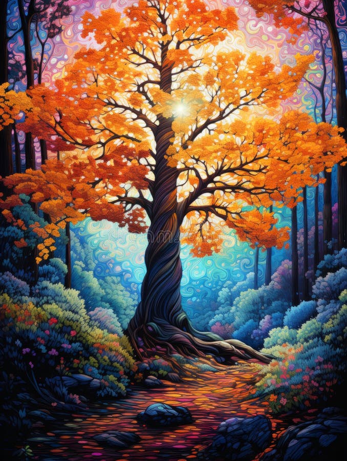 Beautiful Whimsical Autumn Tree at Sunset Painting Stock Illustration ...