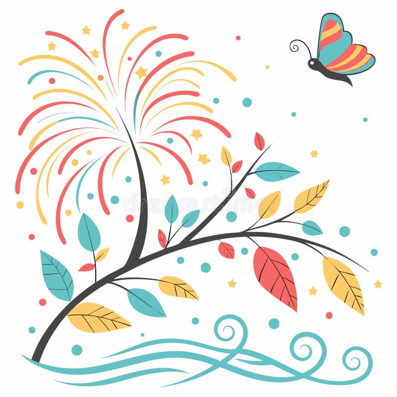 Whimsical Tree Firework with Leaves, Butterfly & Waves â€ Celebration ...