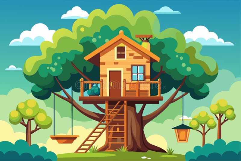 A Whimsical Tree House Design Featuring Swings, Surrounded by Lush ...