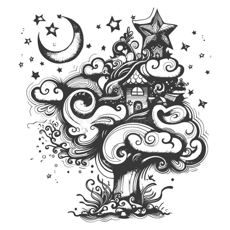 Whimsical Dream Treehouse with Moon and Stars: Enchanting Hand-drawn ...