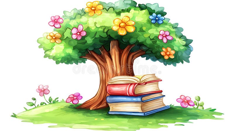 Whimsical Tree of Knowledge Books and Flowers Illustration Stock ...