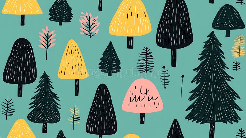 Whimsical Tree Pattern Teal Background Yellow Pink Black Stock Illustration - Illustration of ...