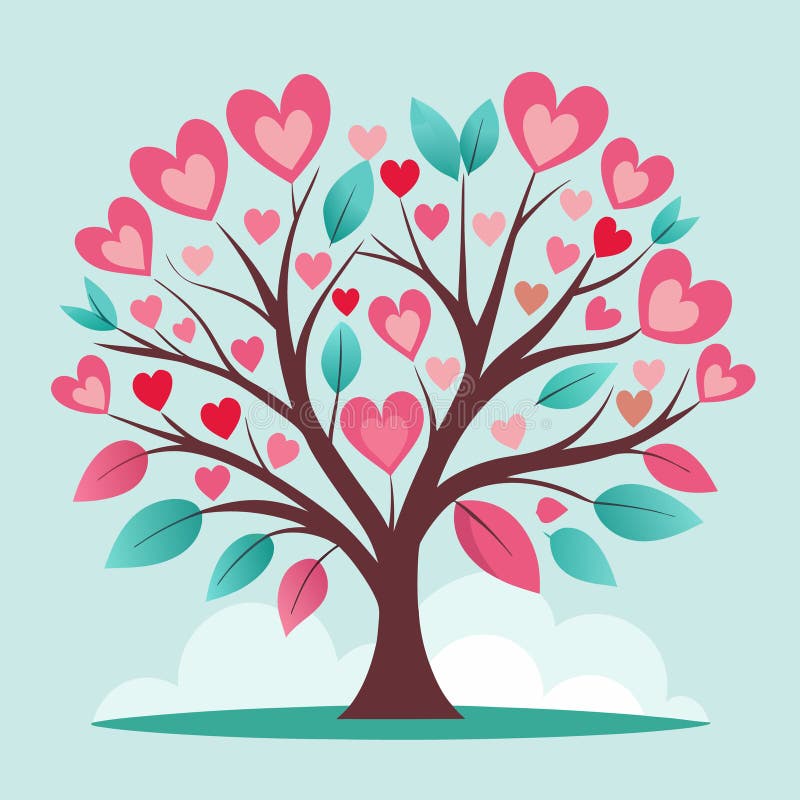 A Whimsical Tree with Pink Heart-shaped Leaves and a Blue Sky Backgroun ...