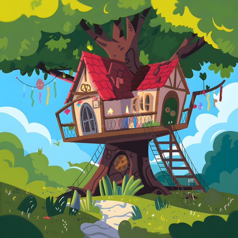 Whimsical Treehouse Adorned with Decorations in Lush Green Forest Stock ...