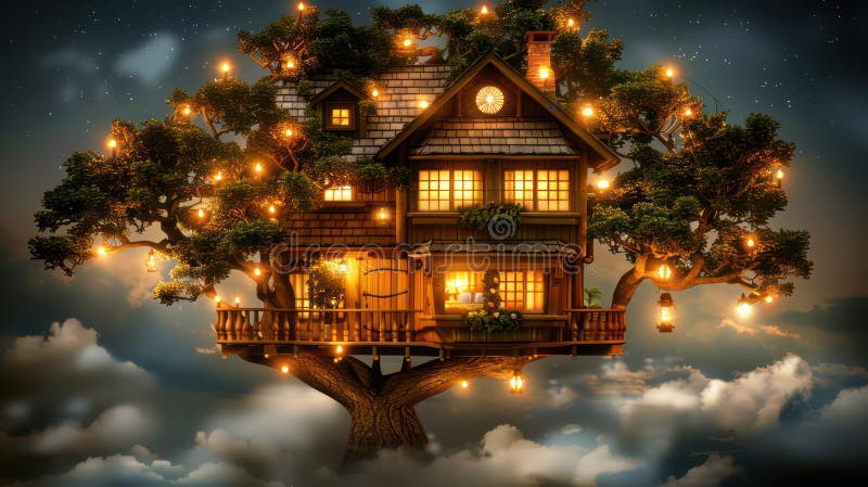 A Whimsical Treehouse Adorned with Glowing Lights, Nestled among Clouds ...