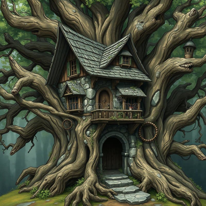 Whimsical Treehouse Built into an Ancient, Twisting Tree Stock Photo ...