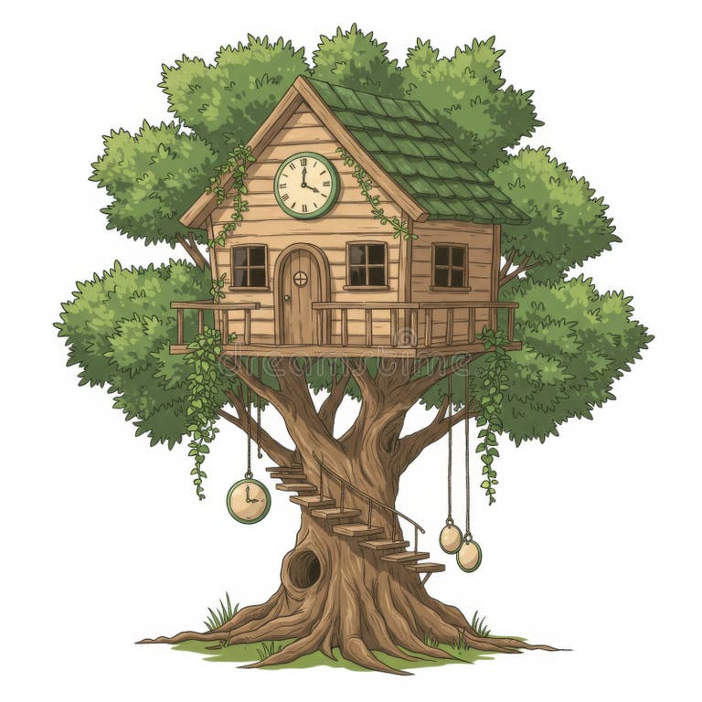 Whimsical Treehouse Illustration with Clocks Stock Illustration ...