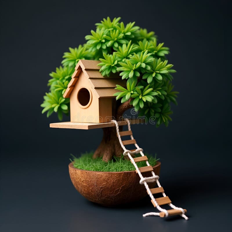 Whimsical Treehouse Model on Bonsai-Like Tree Stock Illustration ...