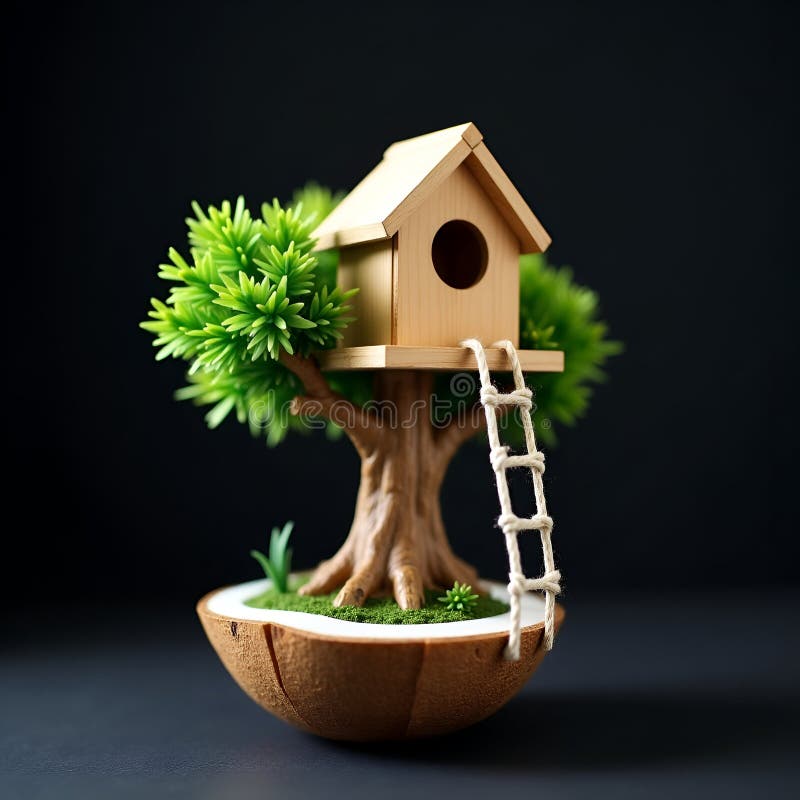 Whimsical Treehouse Model on Bonsai-Like Tree Stock Illustration ...