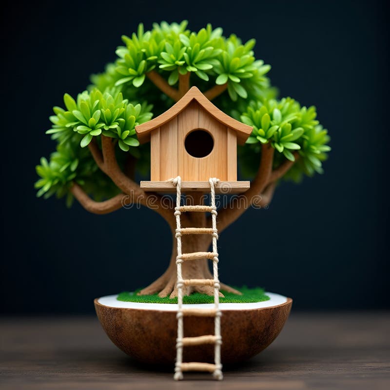 Whimsical Treehouse Model on Bonsai-Like Tree Stock Illustration ...