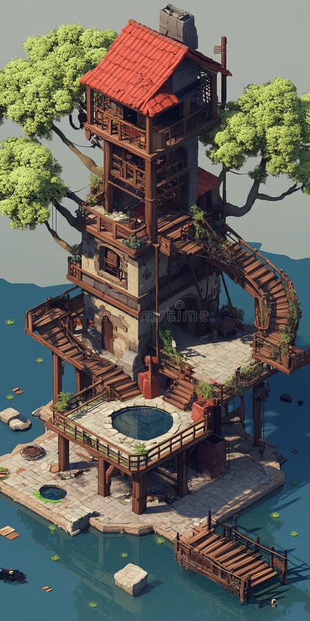 Whimsical Treehouse Over Water with Rustic Architecture and Lush ...