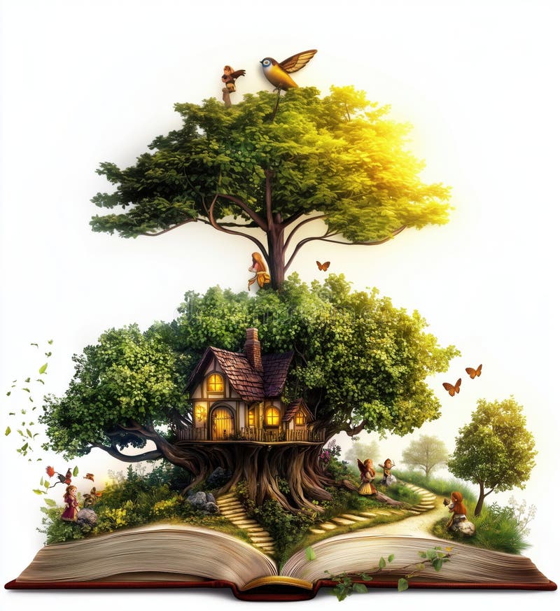 Whimsical Treehouse Scene Emerging from an Open Book with Fairytale ...