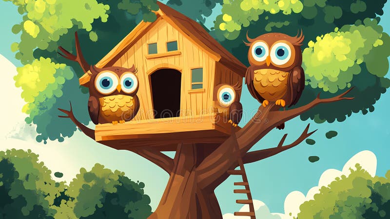 A Whimsical Treehouse with Three Cartoon Owls Perched on a Leafy Tree ...