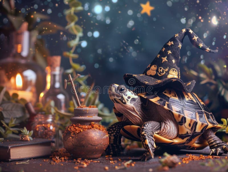 Whimsical Turtle Wearing a Wizard Hat Surrounded by Magical Items Stock ...