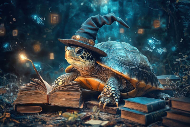 A Whimsical Turtle in a Wizard Hat, Casting Spells with a Wand ...