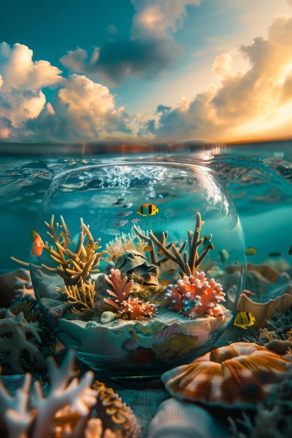 Whimsical Underwater Scene with a Miniature Ecosystem in a Fishbowl on ...