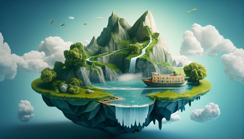 Whimsical Unreal Float Landscape with Waterfall Paradise Idea, Clouds ...