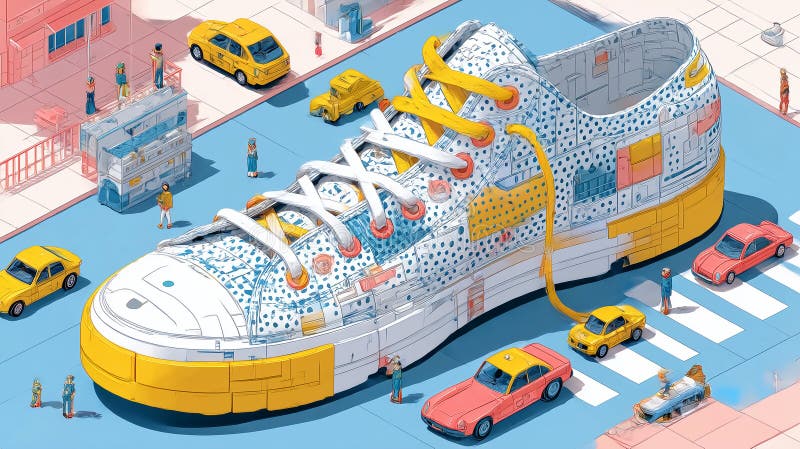 A Whimsical Urban Scene Features a Massive Sneaker Resembling a ...