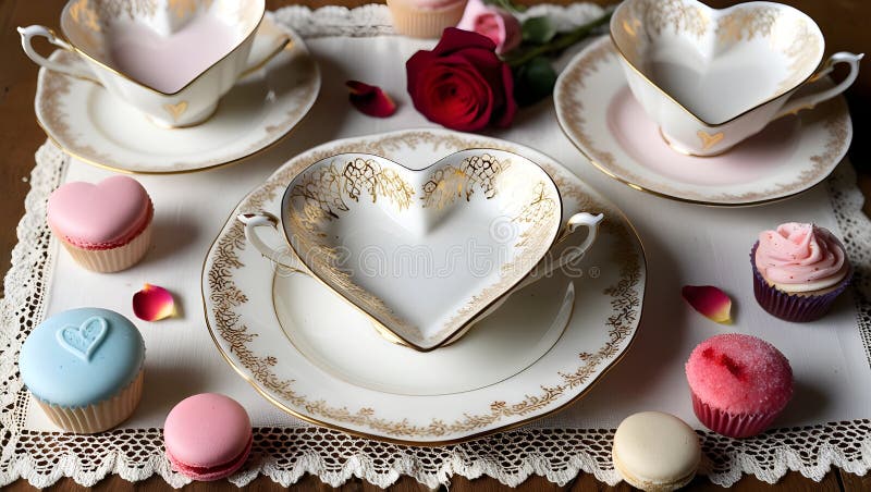 A Whimsical Valentine Tea Set with Heart-shaped Cups Stock Illustration ...