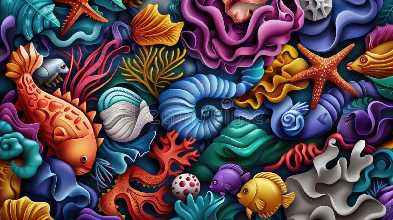 Whimsical Vector Illustration of Imaginary Sea Creatures Stock ...