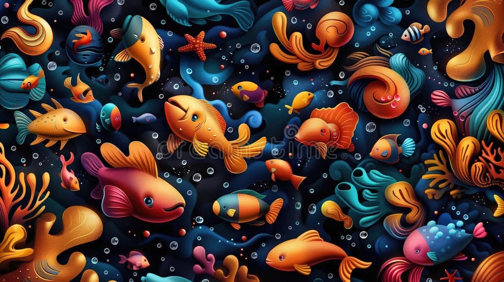 Whimsical Vector Illustration of Imaginary Sea Creatures Stock ...