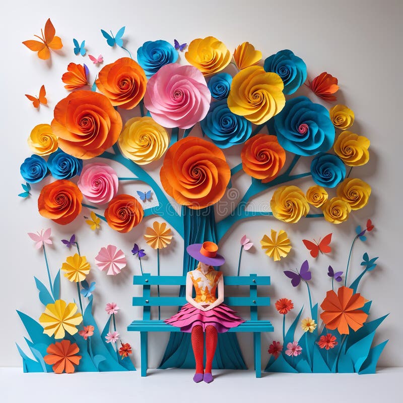 Whimsical Vertical Scene with Stylized Tree and Swirling Layered Paper ...