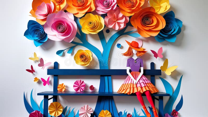 Whimsical Vertical Scene with Stylized Tree and Swirling Layered Paper ...