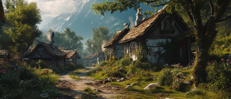 Whimsical Village Landscape, Surreal Lighting, Generative AI Stock ...