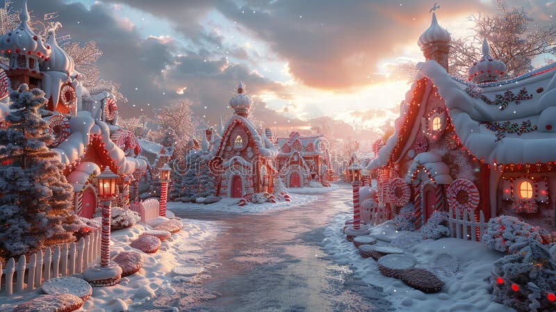 Whimsical Village Made of Gingerbread Stock Illustration - Illustration ...