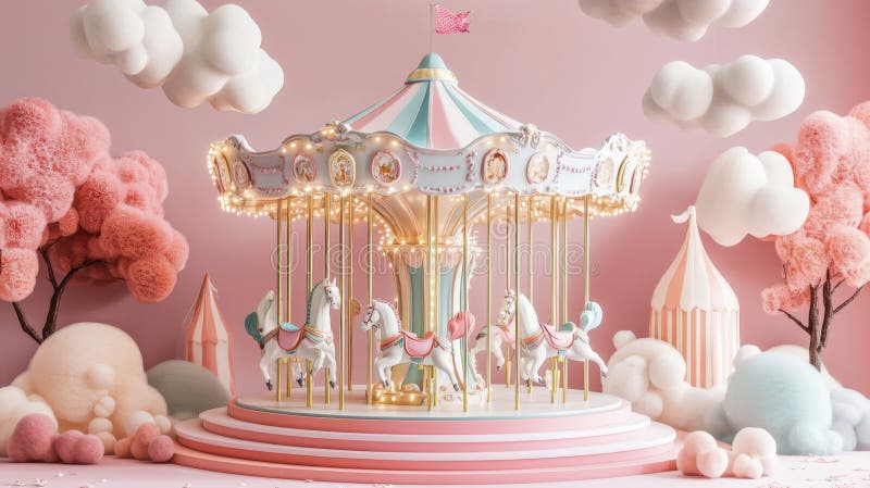 Whimsical Vintage Carousel in Pastel Colors Stock Illustration ...