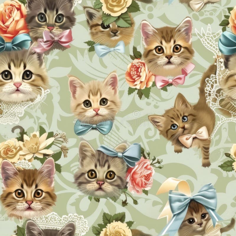 Whimsical Vintage Cat and Floral Pattern Wallpaper Design Stock Image ...