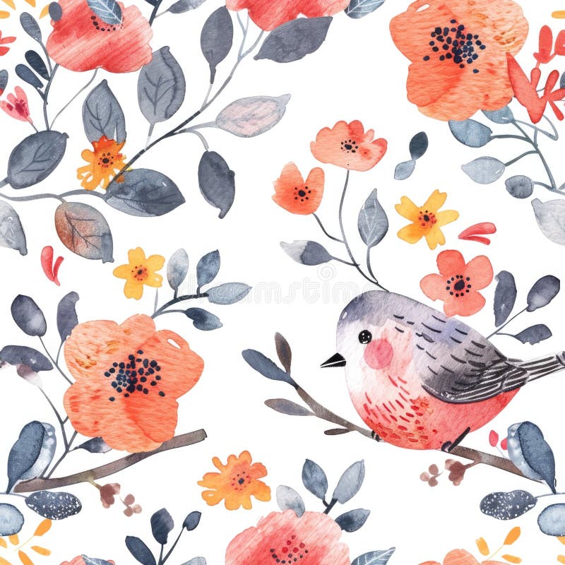 Whimsical Watercolor Birds and Blooms Seamless Pattern Stock Photo ...