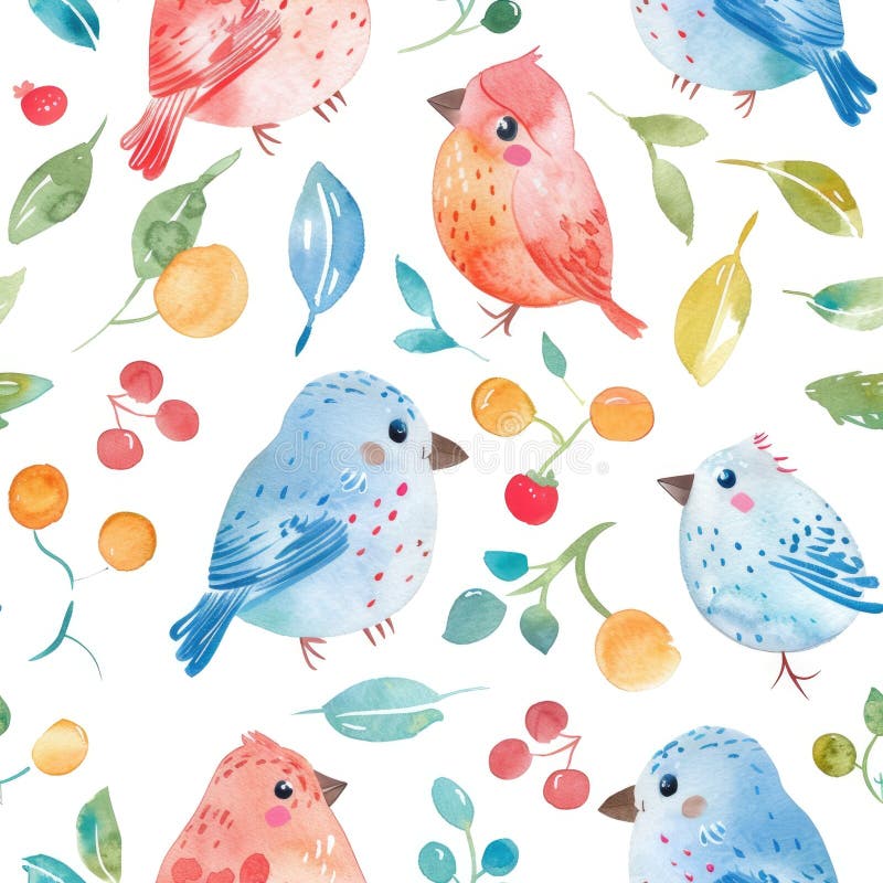 Whimsical Watercolor Birds and Blooms Seamless Pattern Stock ...