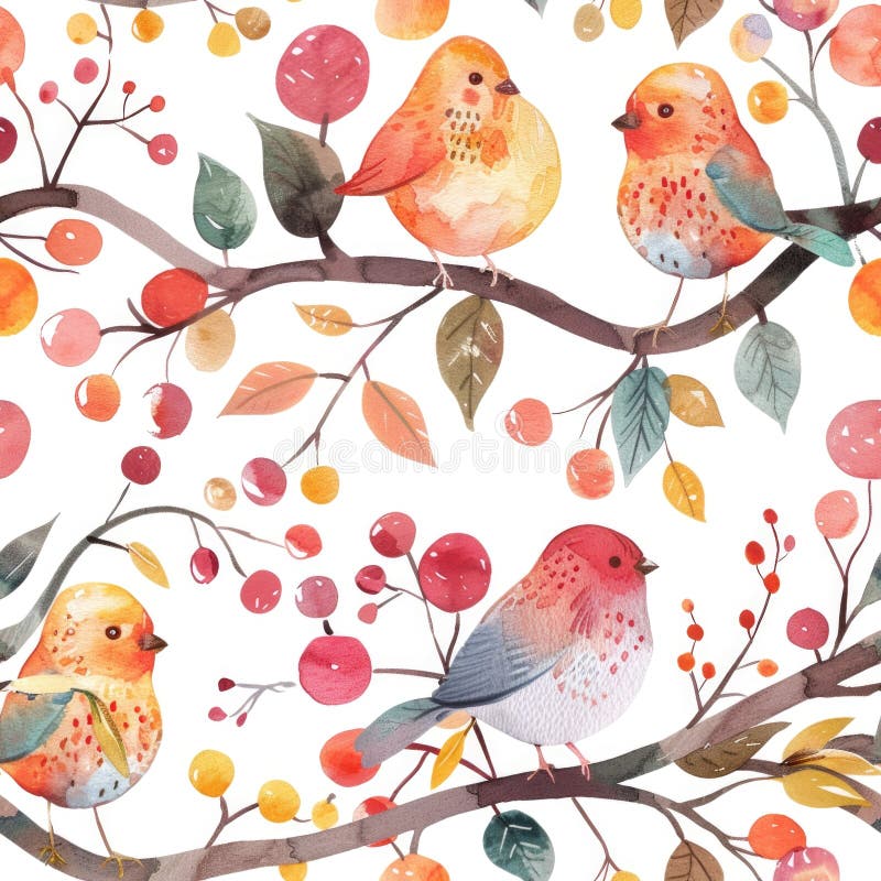 Whimsical Watercolor Birds and Blooms Seamless Pattern Stock Photo ...
