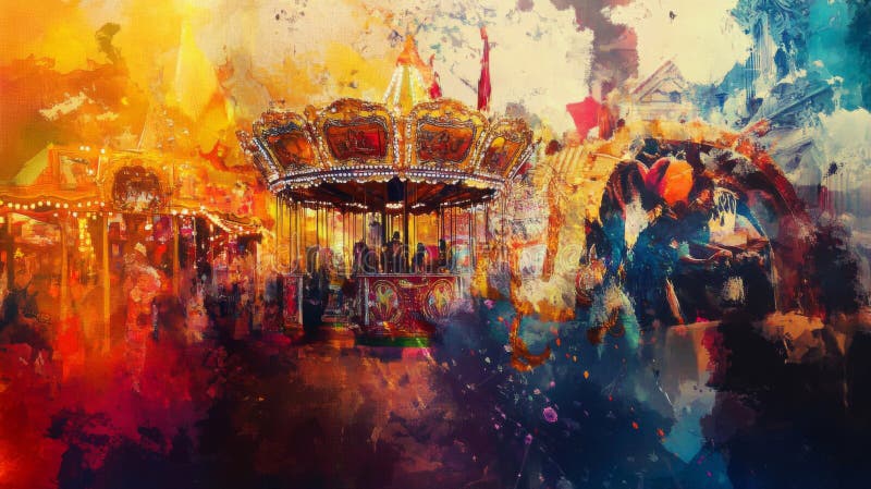 Whimsical Watercolor Carousel Fairground Scene Stock Illustration ...