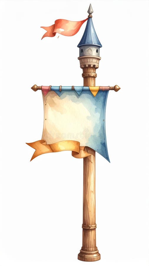Whimsical Watercolor Castle Banner Signpost Stock Illustration ...