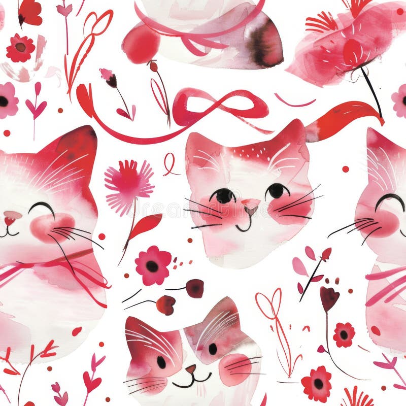 Whimsical Watercolor Cat and Floral Pattern for Fabrics and Wallpapers ... Whimsical Watercolor Cat and Floral Pattern for Fabrics and Wallpapers ...