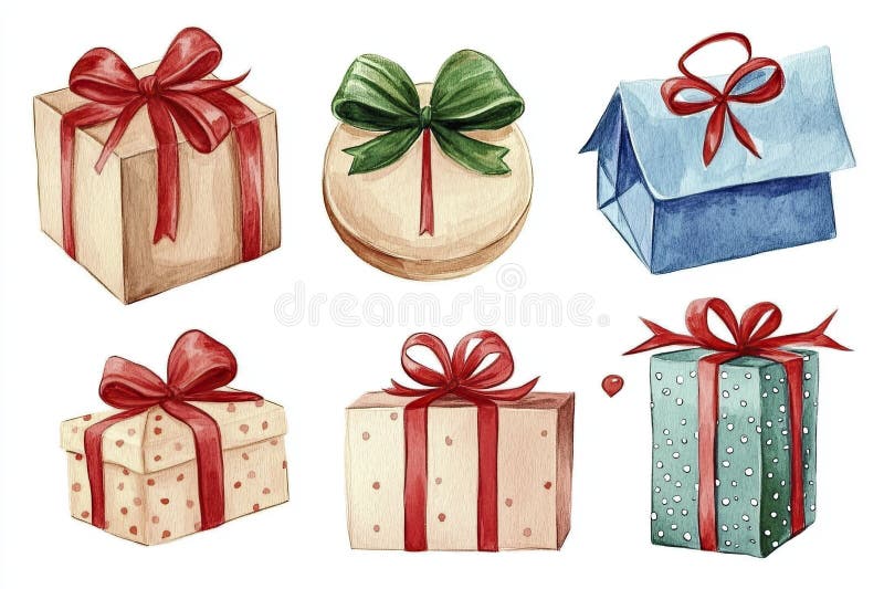 This Whimsical Watercolor Clipart Set Showcases an Array of Charming Gift Boxes, Each Uniquely ...