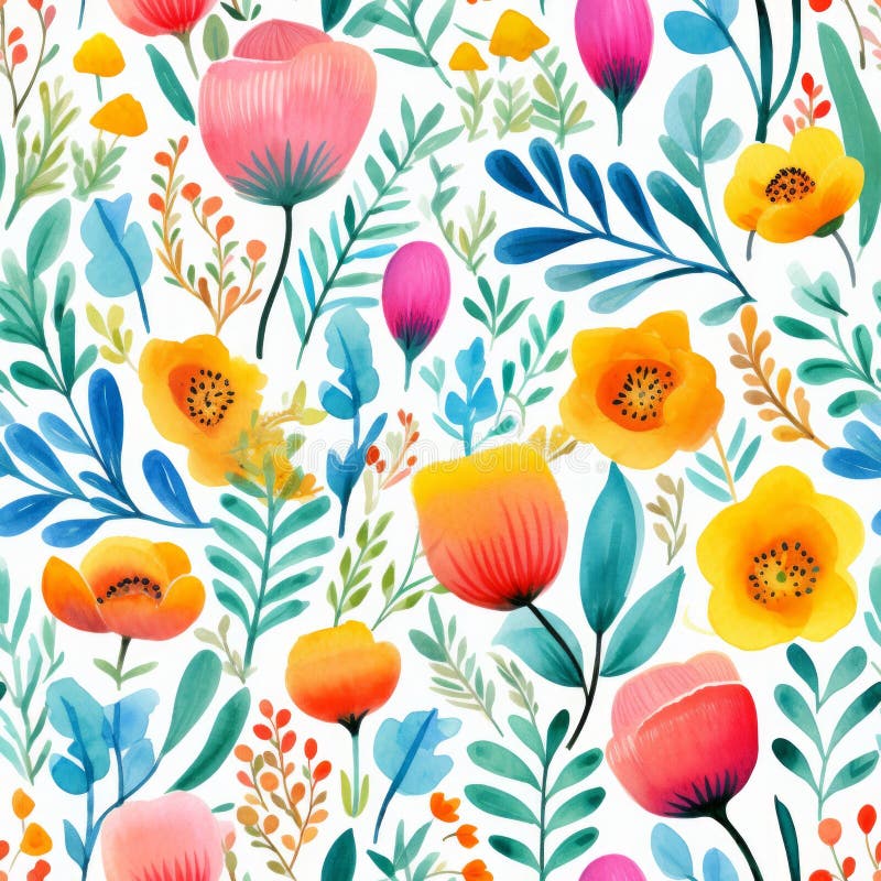Whimsical Watercolor Flower Pattern AI Generated Stock Illustration ...