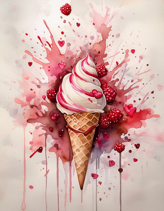 Whimsical Watercolor of an Ice Cream Cone Exploding with Raspberry Love ...