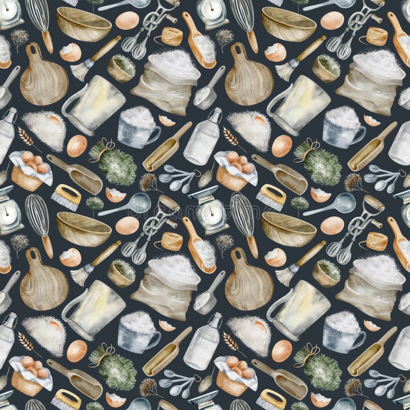 Whimsical Watercolor Kitchen Utensil Pattern on Black Background Stock ...