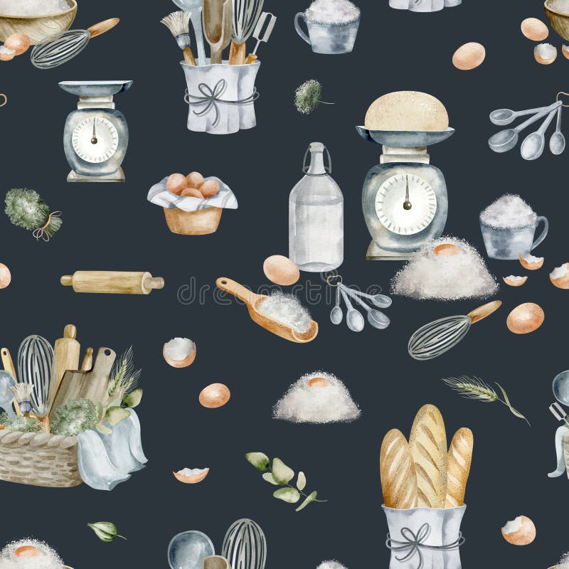 Whimsical Watercolor Kitchen Utensil Pattern on Black Background Stock ...