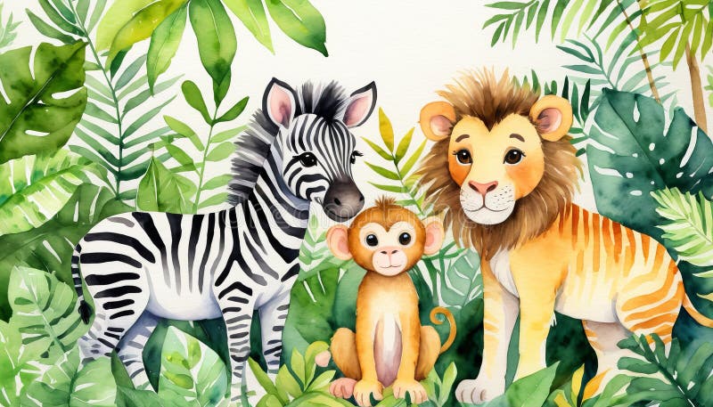 Whimsical Watercolor Safari: Zebra, Lion, and Monkey in Jungle Setting ...